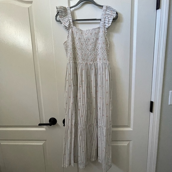 LOFT | Dresses | Loft Stripe Smocked Ruffle Midi Dress | Poshmark